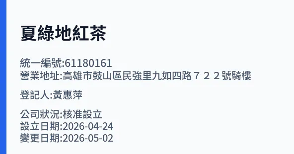 夏綠地紅茶的照片-統編 61180161(高雄市) 公司登記資料與營業項目詳細圖表