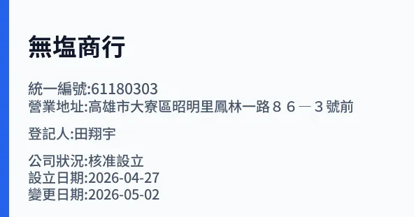 無塩商行的照片-統編 61180303(高雄市) 公司登記資料與營業項目詳細圖表
