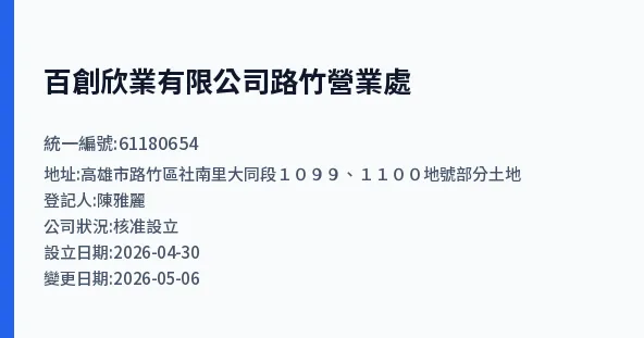 百創欣業有限公司路竹營業處的照片-統編 61180654(高雄市) 公司登記資料與營業項目詳細圖表