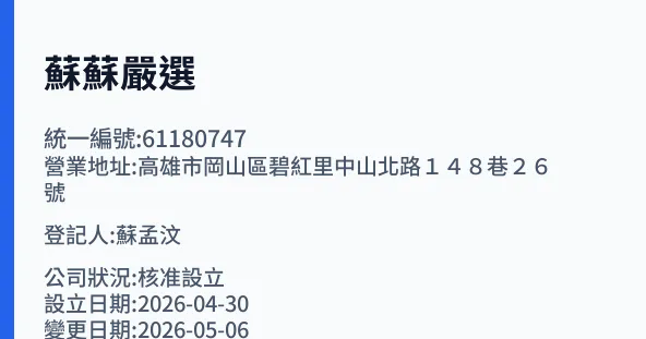 蘇蘇嚴選的照片-統編 61180747(高雄市) 公司登記資料與營業項目詳細圖表