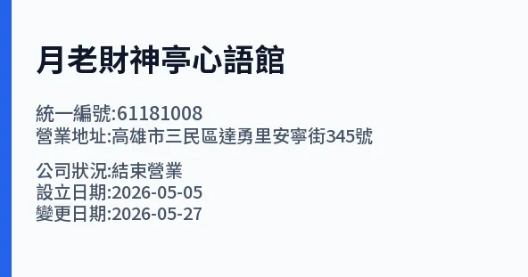 月老財神亭心語館的照片-統編 61181008(高雄市) 公司登記資料與營業項目詳細圖表