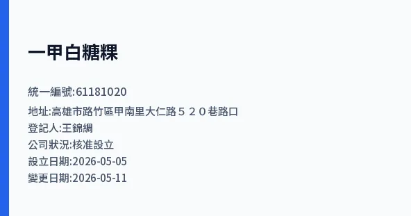 一甲白糖粿的照片-統編 61181020(高雄市) 公司登記資料與營業項目詳細圖表
