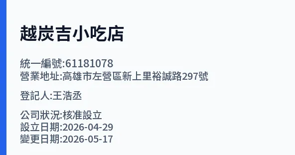 越炭吉小吃店的照片-統編 61181078(高雄市) 公司登記資料與營業項目詳細圖表