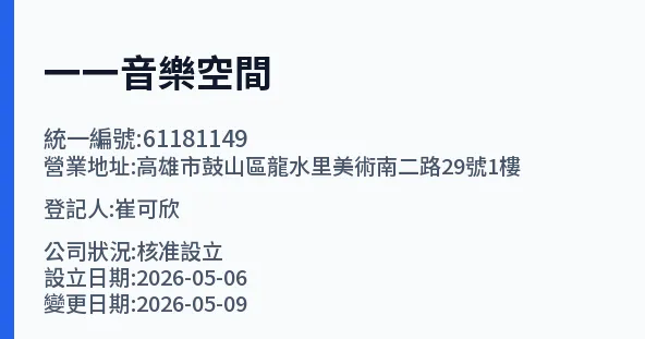 一一音樂空間的照片-統編 61181149(高雄市) 公司登記資料與營業項目詳細圖表
