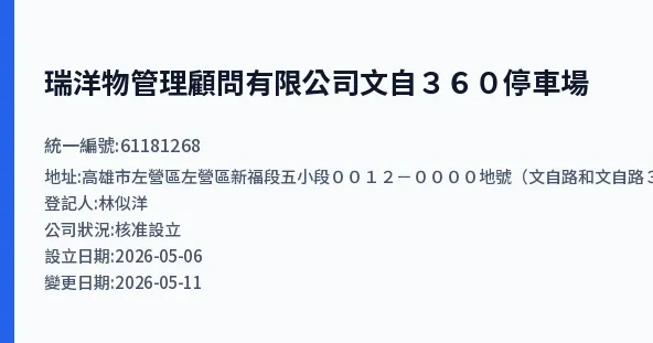 瑞洋物管理顧問有限公司文自360停車場的照片-統編 61181268(高雄市) 公司登記資料與營業項目詳細圖表