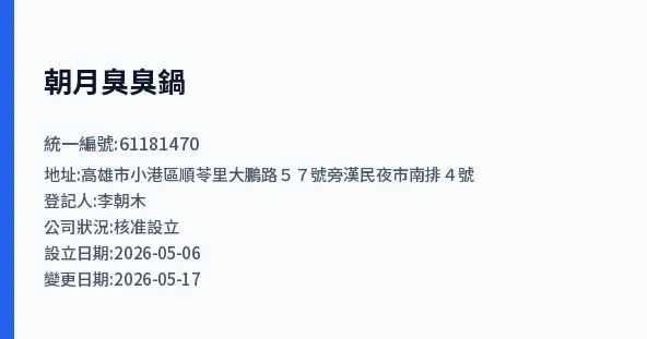 朝月臭臭鍋的照片-統編 61181470(高雄市) 公司登記資料與營業項目詳細圖表