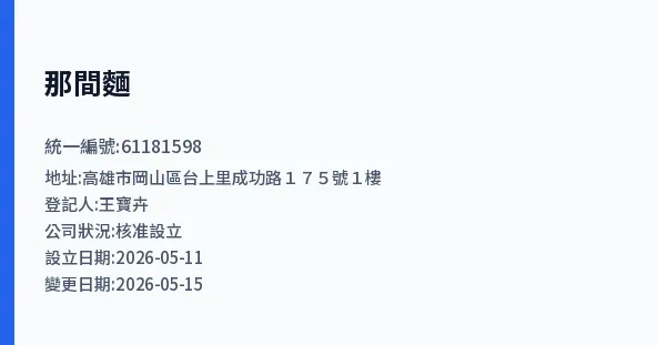 那間麵的照片-統編 61181598(高雄市) 公司登記資料與營業項目詳細圖表