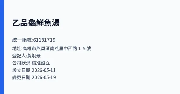 乙品鱻鮮魚湯的照片-統編 61181719(高雄市) 公司登記資料與營業項目詳細圖表