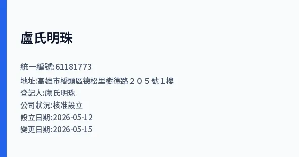 盧氏明珠的照片-統編 61181773(高雄市) 公司登記資料與營業項目詳細圖表