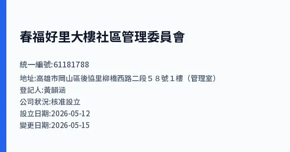 春福好里大樓社區管理委員會的照片-統編 61181788(高雄市) 公司登記資料與營業項目詳細圖表