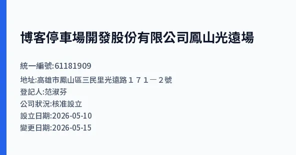 博客停車場開發股份有限公司鳳山光遠場的照片-統編 61181909(高雄市) 公司登記資料與營業項目詳細圖表