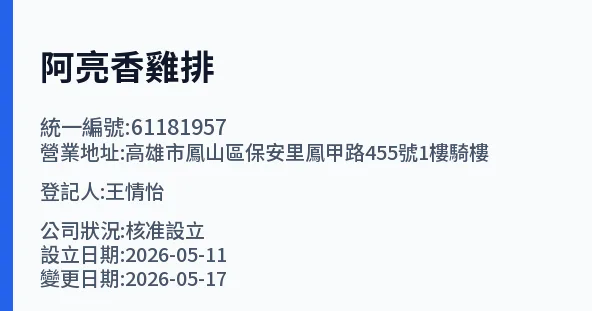 阿亮香雞排的照片-統編 61181957(高雄市) 公司登記資料與營業項目詳細圖表