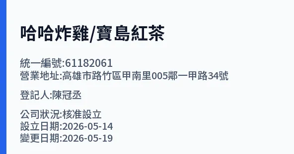 哈哈炸雞/寶島紅茶的照片-統編 61182061(高雄市) 公司登記資料與營業項目詳細圖表