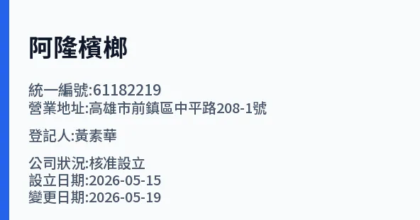 阿隆檳榔的照片-統編 61182219(高雄市) 公司登記資料與營業項目詳細圖表