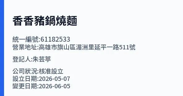 香香豬鍋燒麵的照片-統編 61182533(高雄市) 公司登記資料與營業項目詳細圖表