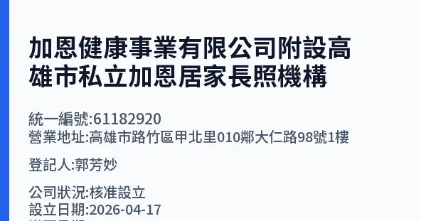 加恩健康事業有限公司附設高雄市私立加恩居家長照機構的照片-統編 61182920 公司登記資料與營業項目詳細圖表