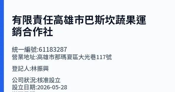 有限責任高雄市巴斯坎蔬果運銷合作社的照片-統編 61183287(高雄市) 公司登記資料與營業項目詳細圖表