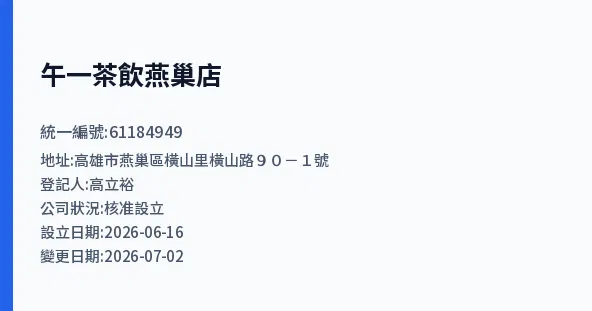 午一茶飲燕巢店的照片-統編 61184949(高雄市) 公司登記資料與營業項目詳細圖表
