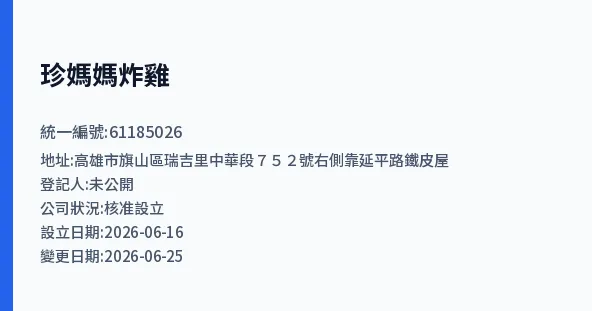 珍媽媽炸雞的照片-統編 61185026(高雄市) 公司登記資料與營業項目詳細圖表