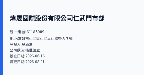 煒晟國際股份有限公司仁武門市部的照片-統編 61185089 公司登記資料與營業項目詳細圖表