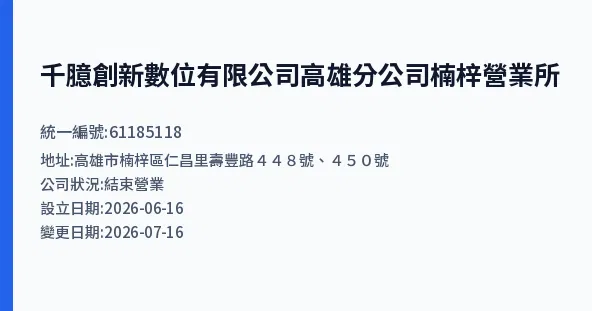 千臆創新數位有限公司高雄分公司楠梓營業所的照片-統編 61185118(高雄市) 公司登記資料與營業項目詳細圖表