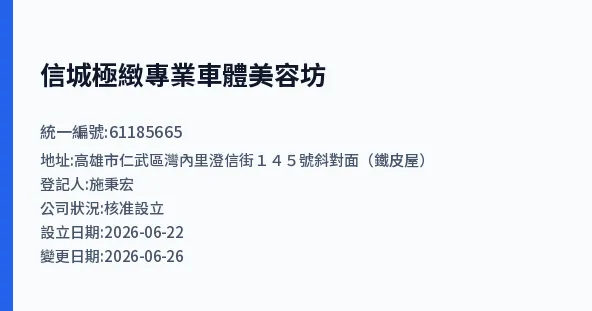 信城極緻專業車體美容坊的照片-統編 61185665(高雄市) 公司登記資料與營業項目詳細圖表