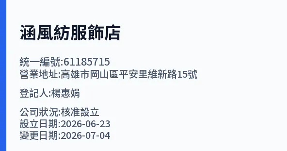 涵風紡服飾店的照片-統編 61185715(高雄市) 公司登記資料與營業項目詳細圖表