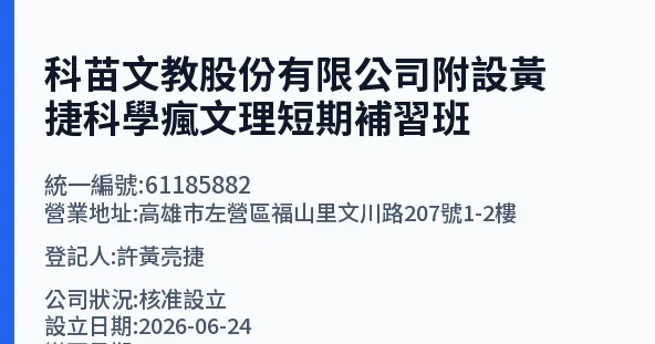 科苗文教股份有限公司附設黃捷科學瘋文理短期補習班的照片-統編 61185882(高雄市) 公司登記資料與營業項目詳細圖表