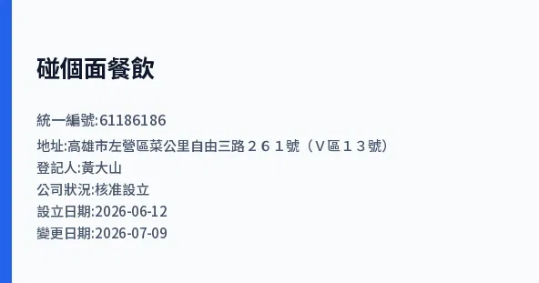 碰個面餐飲的照片-統編 61186186(高雄市) 公司登記資料與營業項目詳細圖表