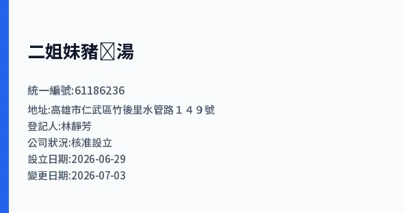 二姐妹豬雑湯的照片-統編 61186236(高雄市) 公司登記資料與營業項目詳細圖表