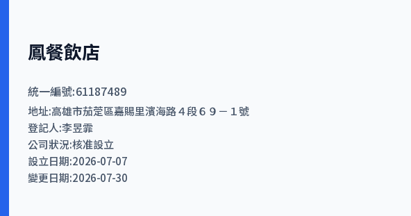 鳳餐飲店的照片-統編 61187489(高雄市) 公司登記資料與營業項目詳細圖表