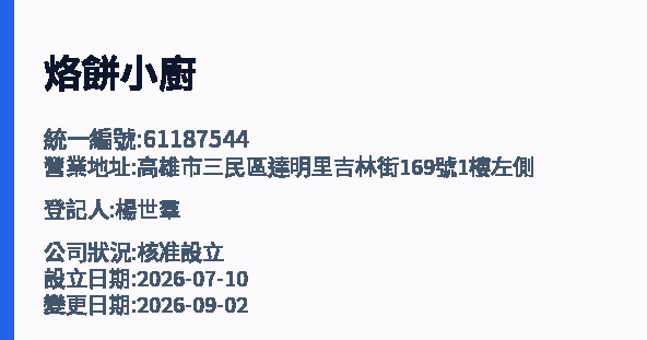 烙餅小廚的照片-統編 61187544 公司登記資料與營業項目詳細圖表