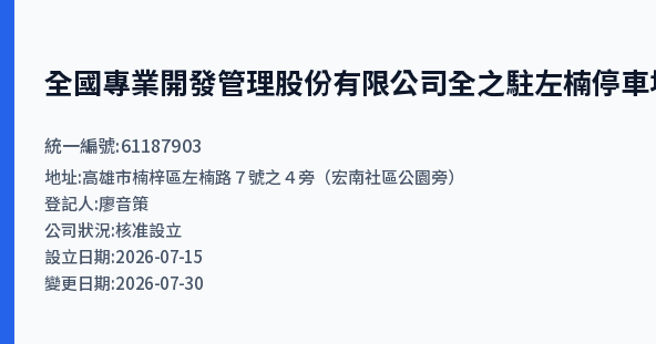 全國專業開發管理股份有限公司全之駐左楠停車場的照片-統編 61187903(高雄市) 公司登記資料與營業項目詳細圖表