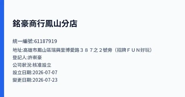 銘豪商行鳳山分店的照片-統編 61187919(高雄市) 公司登記資料與營業項目詳細圖表