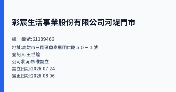 彩宸生活事業股份有限公司河堤門市的照片-統編 61189466(高雄市) 公司登記資料與營業項目詳細圖表
