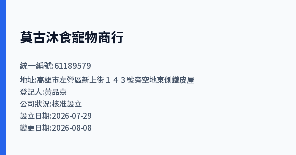 莫古沐食寵物商行的照片-統編 61189579(高雄市) 公司登記資料與營業項目詳細圖表