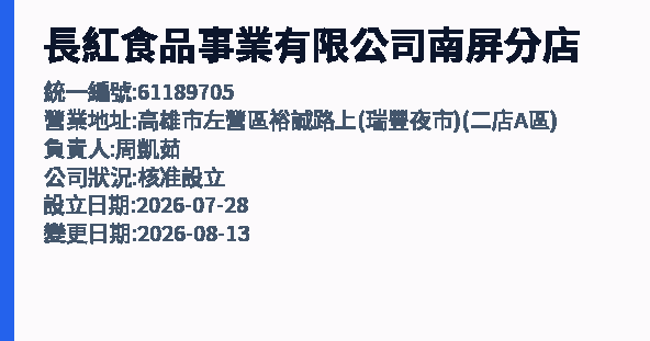 長紅食品事業有限公司南屏分店的照片-統編 61189705(高雄市) 公司登記資料與營業項目詳細圖表