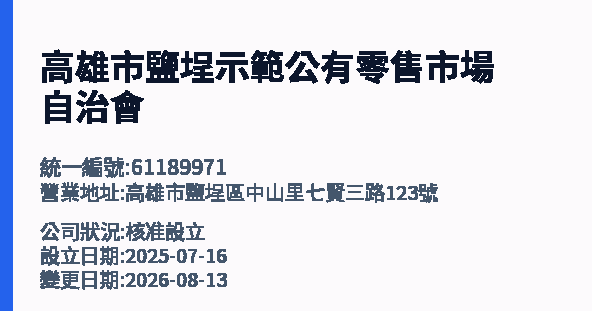 高雄市鹽埕示範公有零售市場自治會的照片-統編 61189971 公司登記資料與營業項目詳細圖表