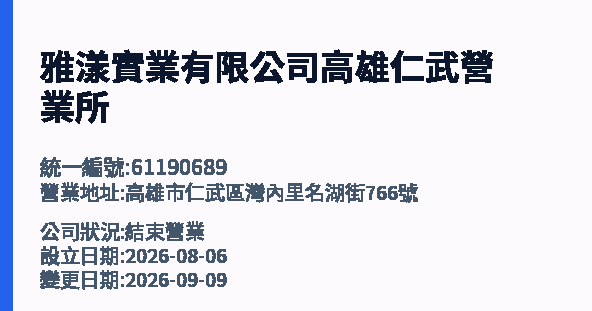 雅漾實業有限公司高雄仁武營業所的照片-統編 61190689(高雄市) 公司登記資料與營業項目詳細圖表
