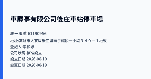 車驛亭有限公司後庄車站停車場的照片-統編 61190956(高雄市) 公司登記資料與營業項目詳細圖表