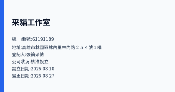 采貓工作室的照片-統編 61191189(高雄市) 公司登記資料與營業項目詳細圖表