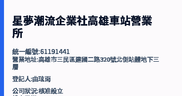 星夢潮流企業社高雄車站營業所的照片-統編 61191441(高雄市) 公司登記資料與營業項目詳細圖表