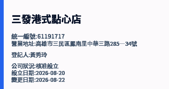三發港式點心店的照片-統編 61191717(高雄市) 公司登記資料與營業項目詳細圖表