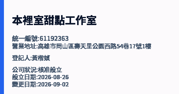 本裡室甜點工作室的照片-統編 61192363(高雄市) 公司登記資料與營業項目詳細圖表