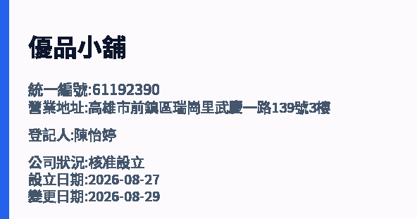 優品小舖的照片-統編 61192390(高雄市) 公司登記資料與營業項目詳細圖表