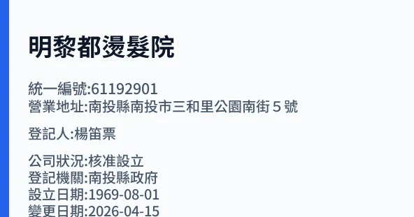 明黎都燙髮院的照片-統編 61192901(南投縣) 公司登記資料與營業項目詳細圖表