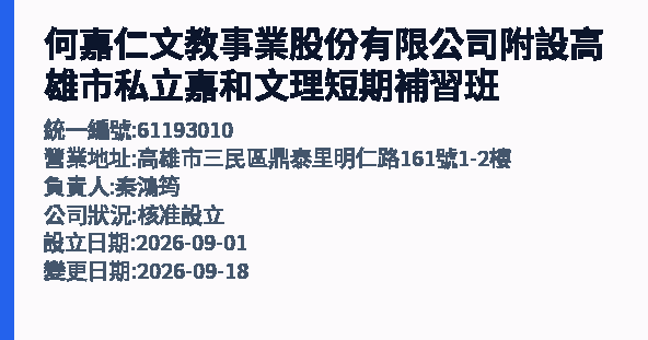 何嘉仁文教事業股份有限公司附設高雄市私立嘉和文理短期補習班的照片-統編 61193010(高雄市) 公司登記資料與營業項目詳細圖表