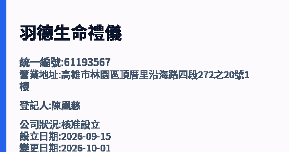 羽德生命禮儀的照片-統編 61193567(高雄市) 公司登記資料與營業項目詳細圖表