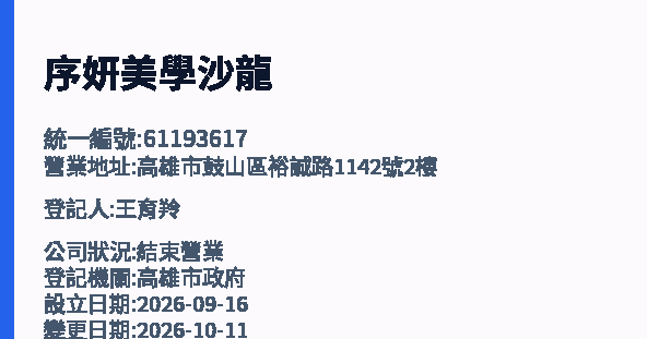序妍美學沙龍的照片-統編 61193617(高雄市) 公司登記資料與營業項目詳細圖表