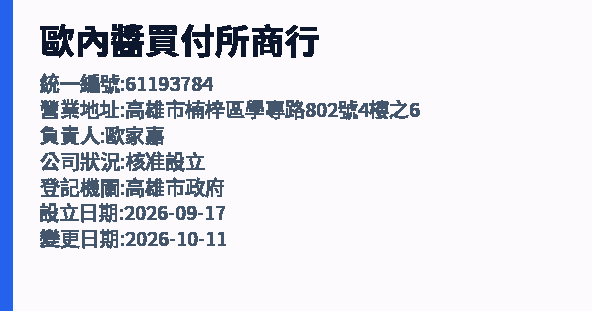 歐內醬買付所商行的照片-統編 61193784(高雄市) 公司登記資料與營業項目詳細圖表
